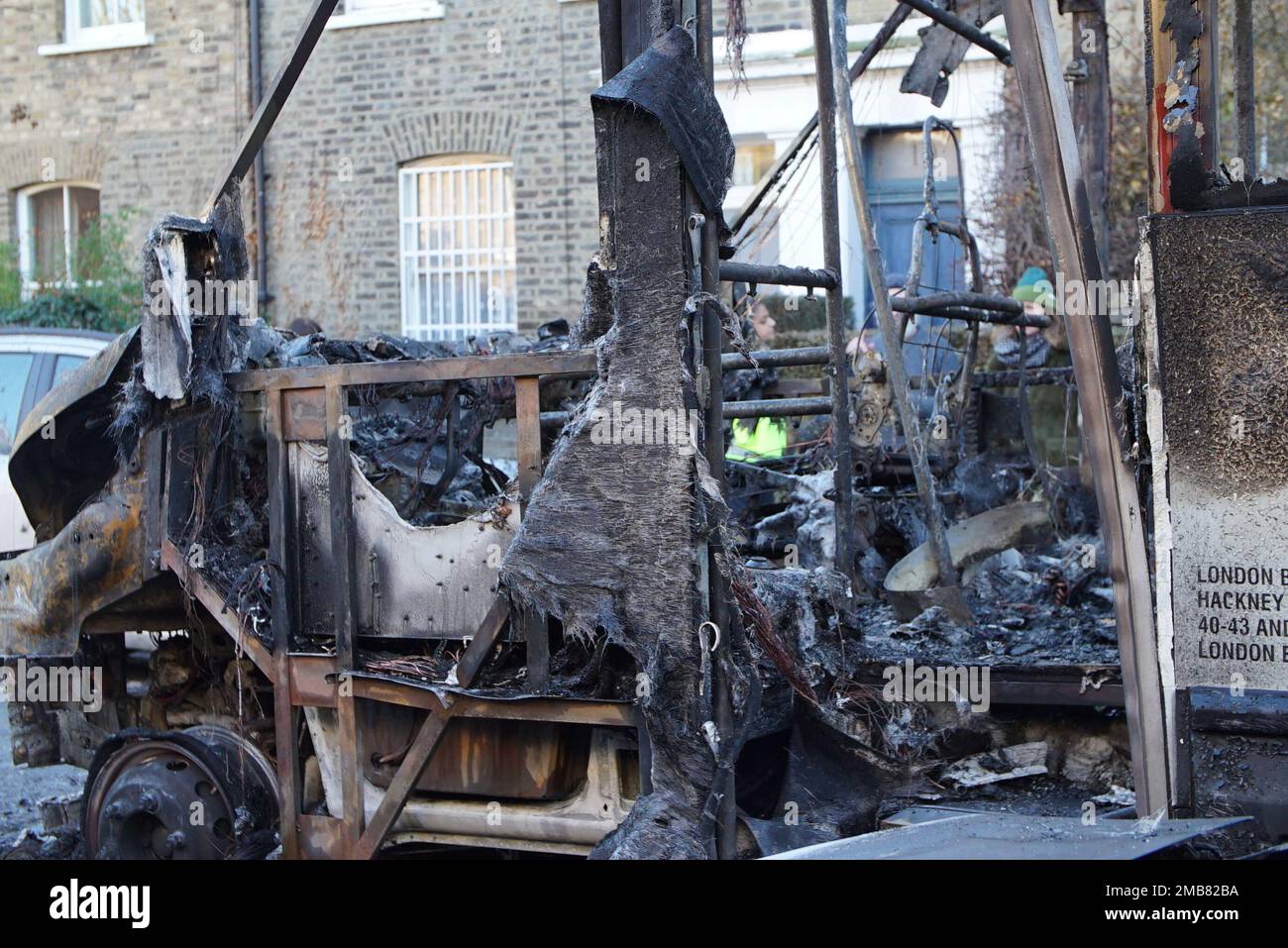 The burnt out remains of a 30-seater bus that was damaged by fire ...