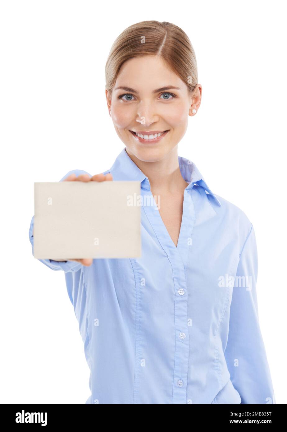 Happy, mockup and business woman with a card with space for announcement or advertising. Signage ...