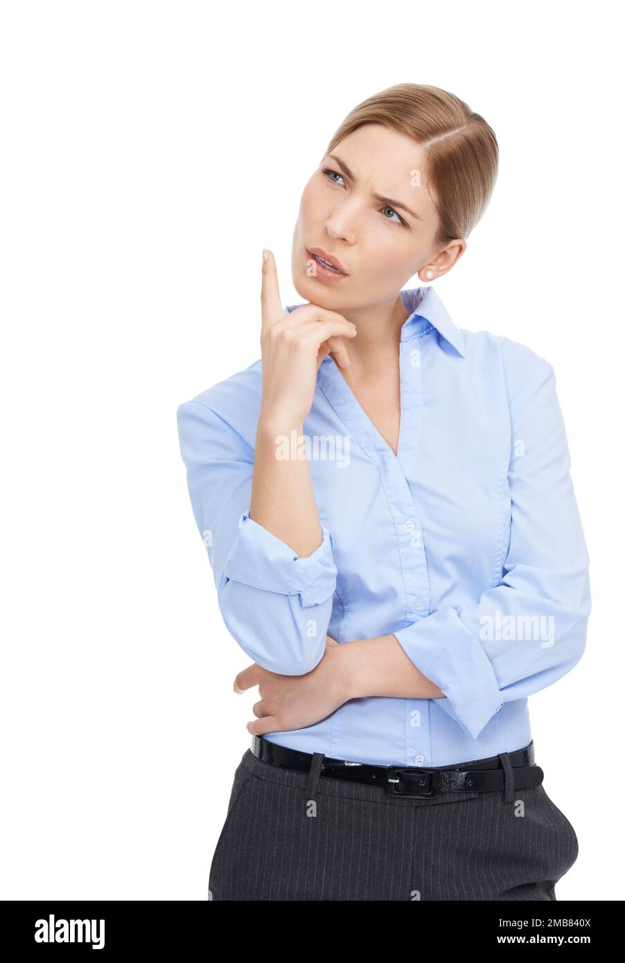 Business woman, thinking and confused about question while isolated on ...