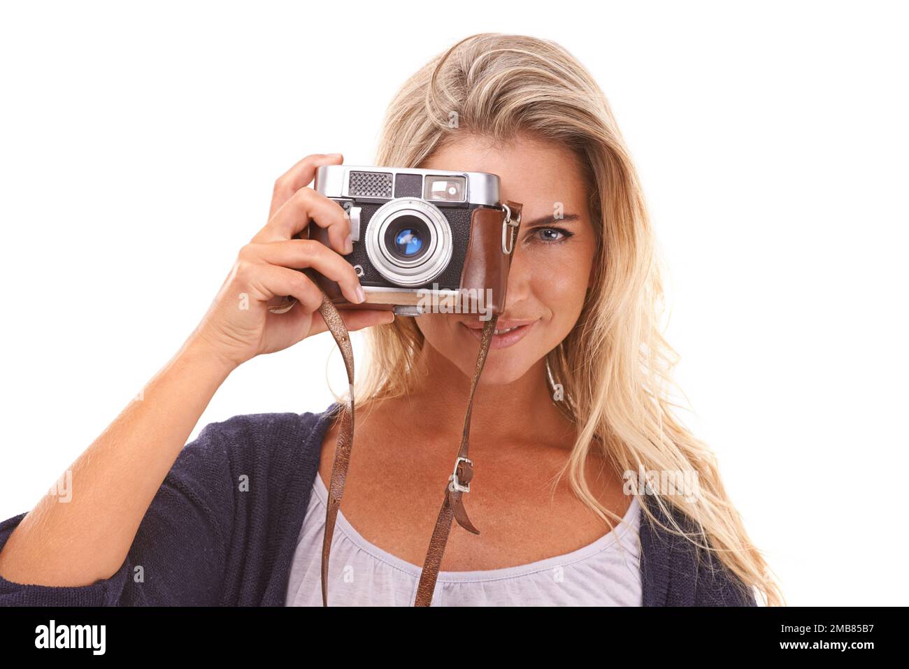 Photographer, face portrait and woman with camera for vintage photo ...