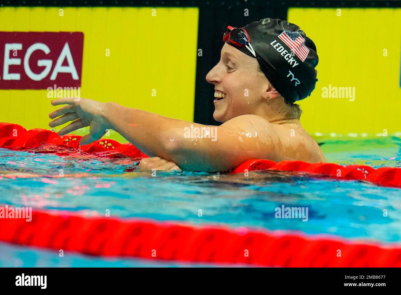 Katie Ledecky of United States celebrates after finishing first in the ...