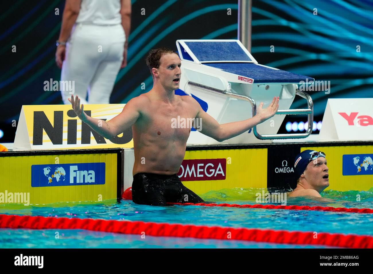 Elijah Winnington of Australia celebrates after finishing first during ...