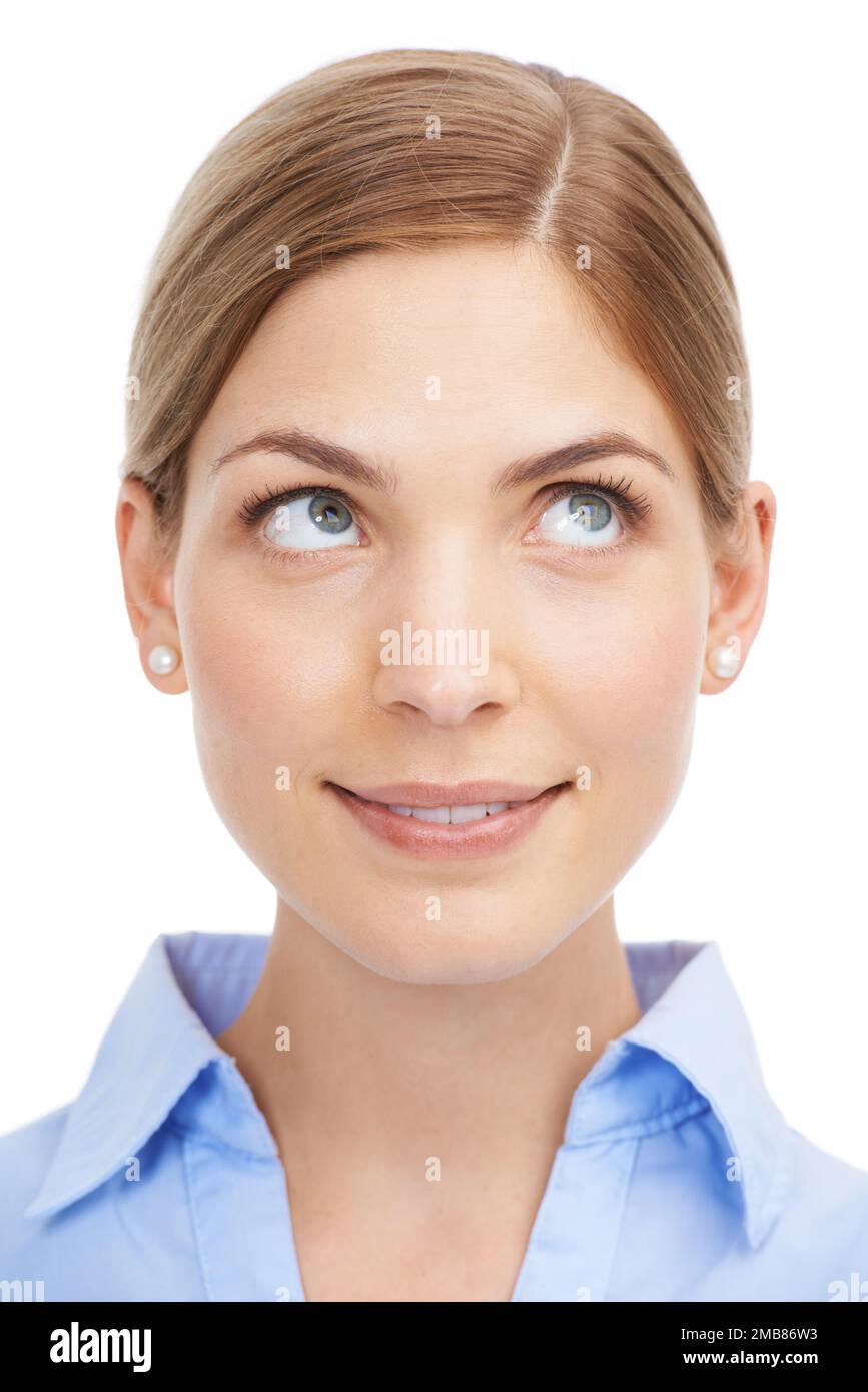 Businesswoman, face and thinking of ideas in studio, white background ...