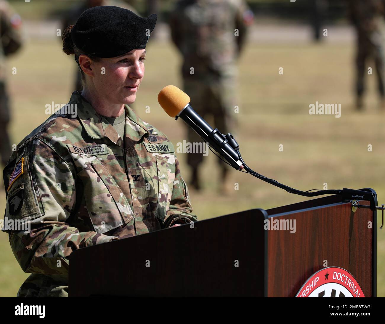 FORT HOOD, Texas– U.S. Army Col. Jennifer A. Reynolds speaks to the ...