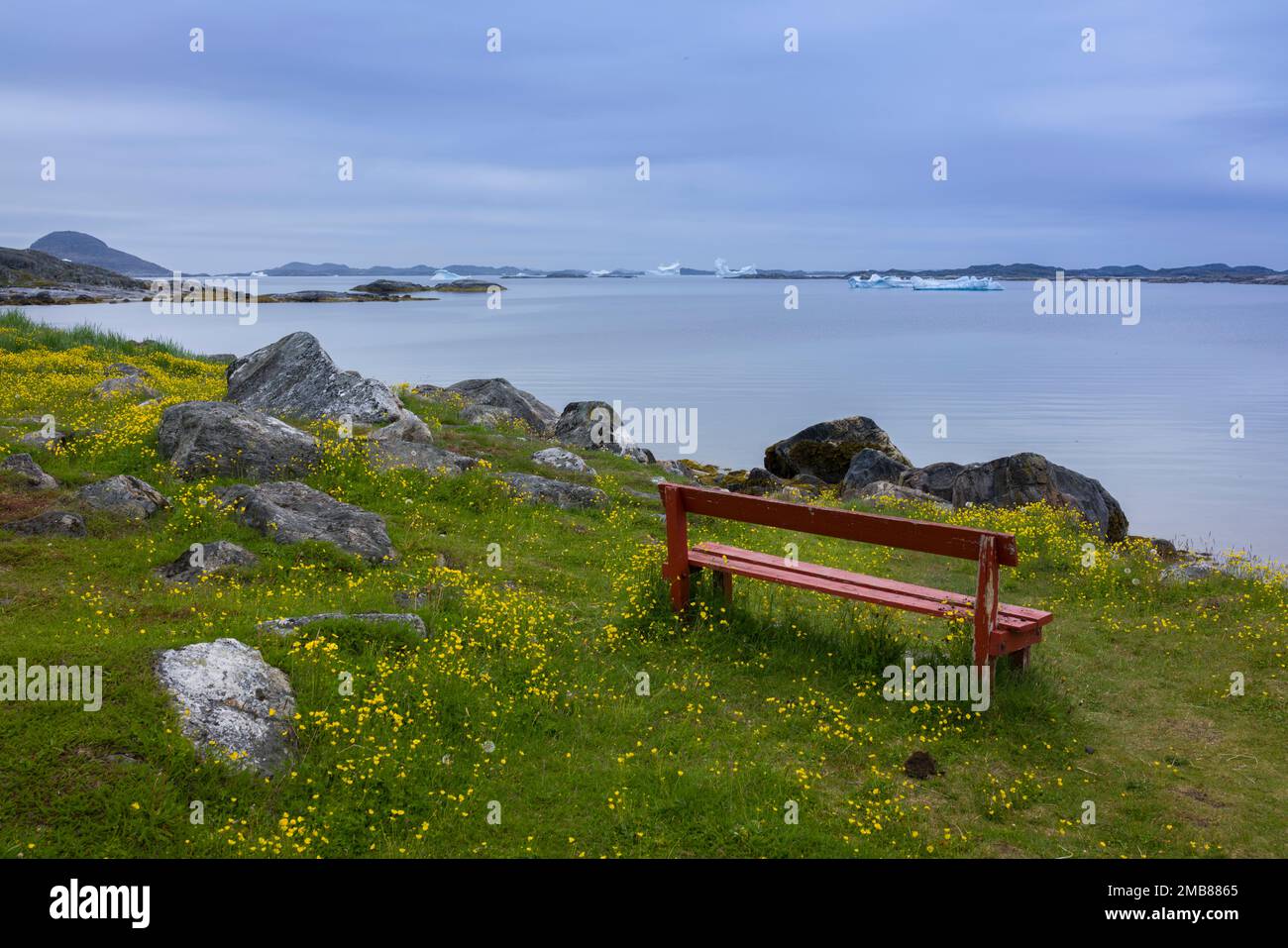 Bench view of Nanortalik, Greenland's southern most town on Tasermiut ...