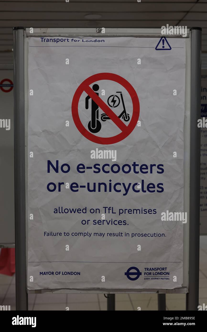 No e-scooters or e-unicycles sign at Hammersmith station in London ...