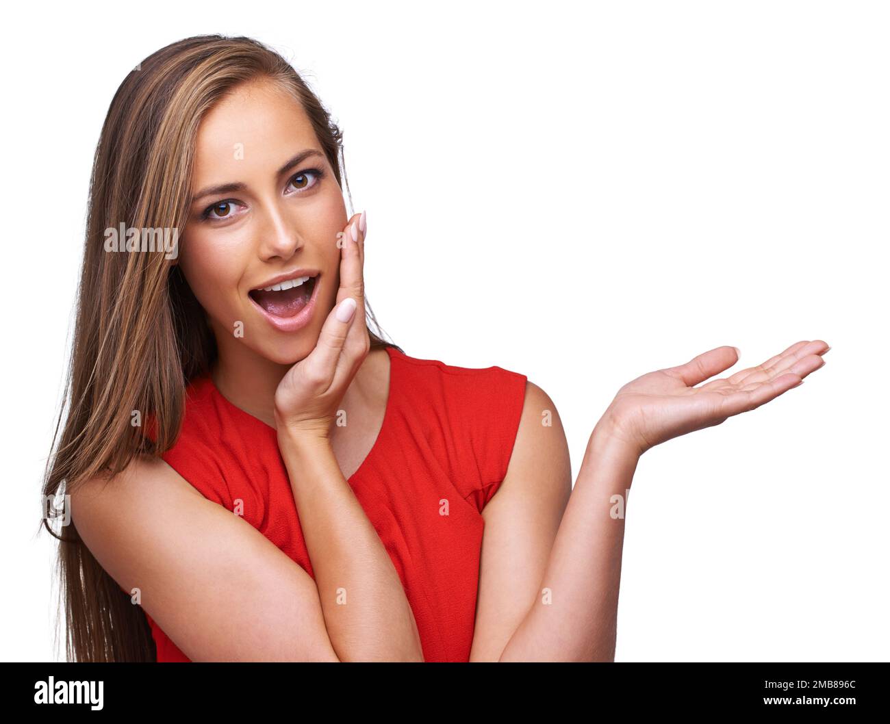 Wow, advertising and portrait of woman on a white background for mockup ...