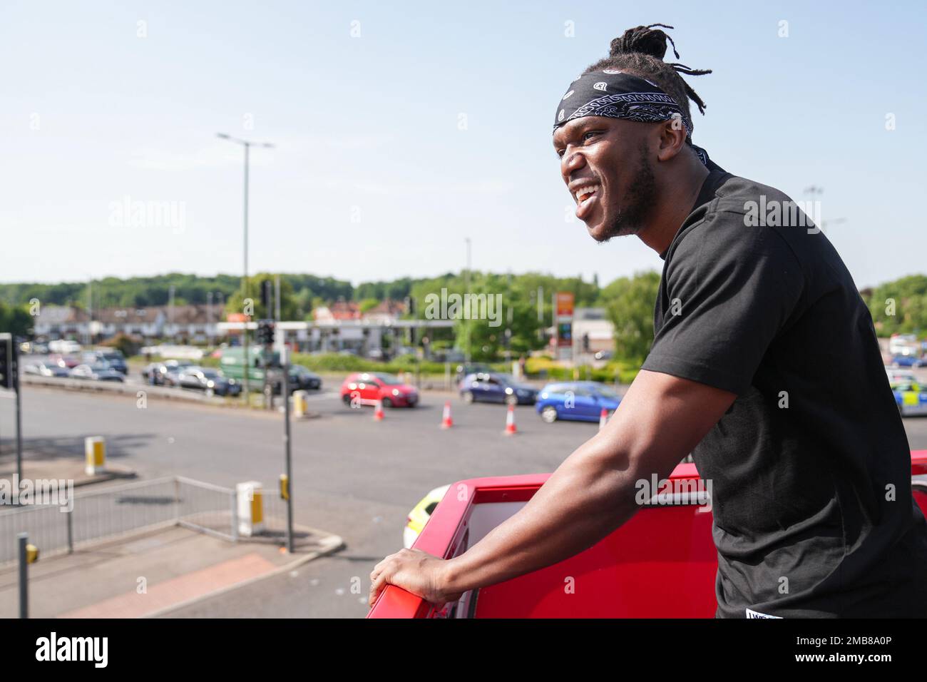 KSI addresses the crowd whilst promoting an energy drink, on an open ...