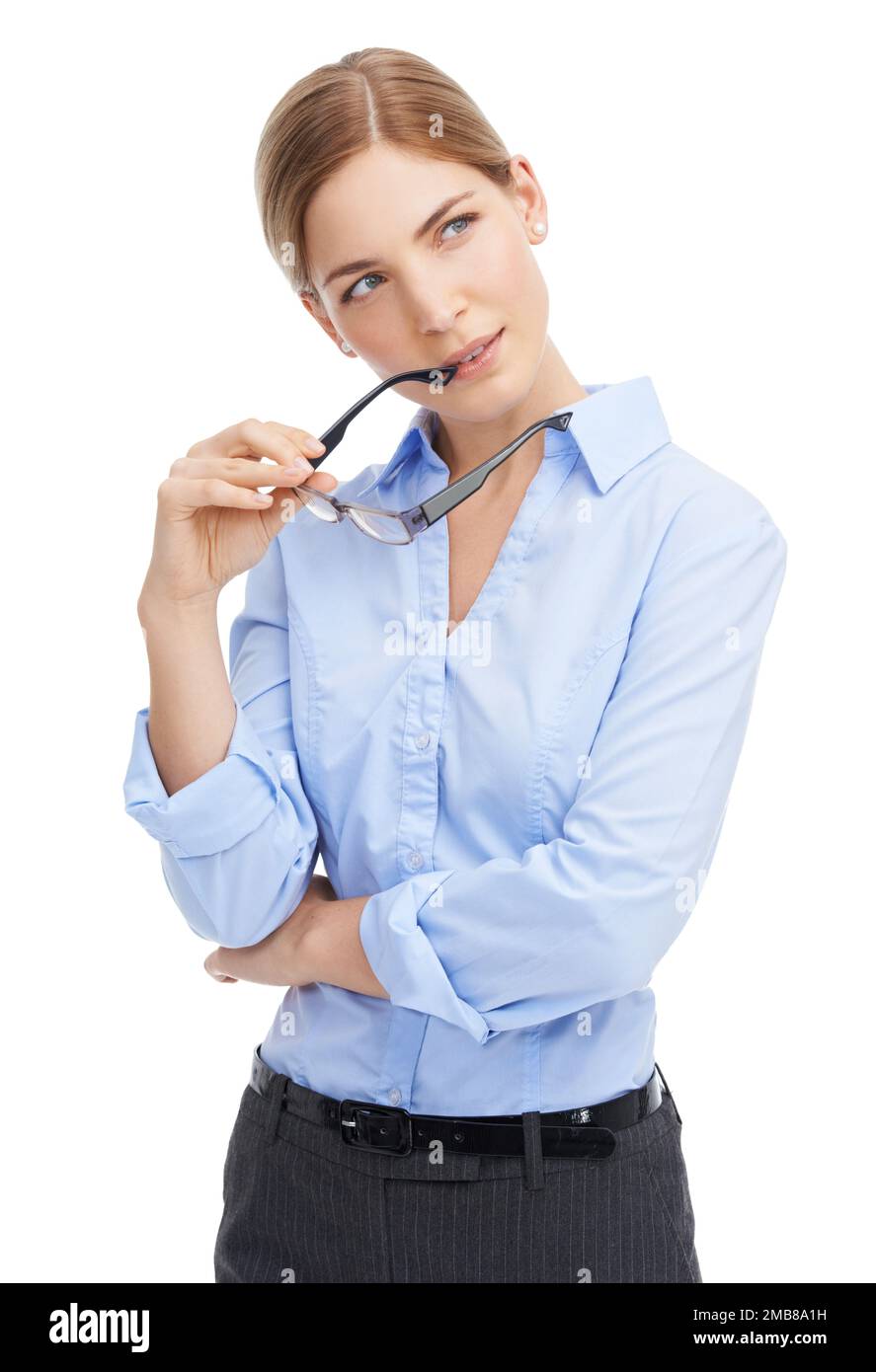 Thinking, glasses and a business woman in studio on a white background ...