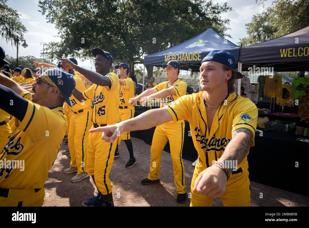 Savannah Bananas pitcher Blake McGehee, right, dances during a pregame ...