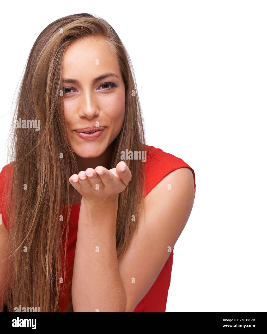 Woman, kiss and love portrait with isolated white background to show ...