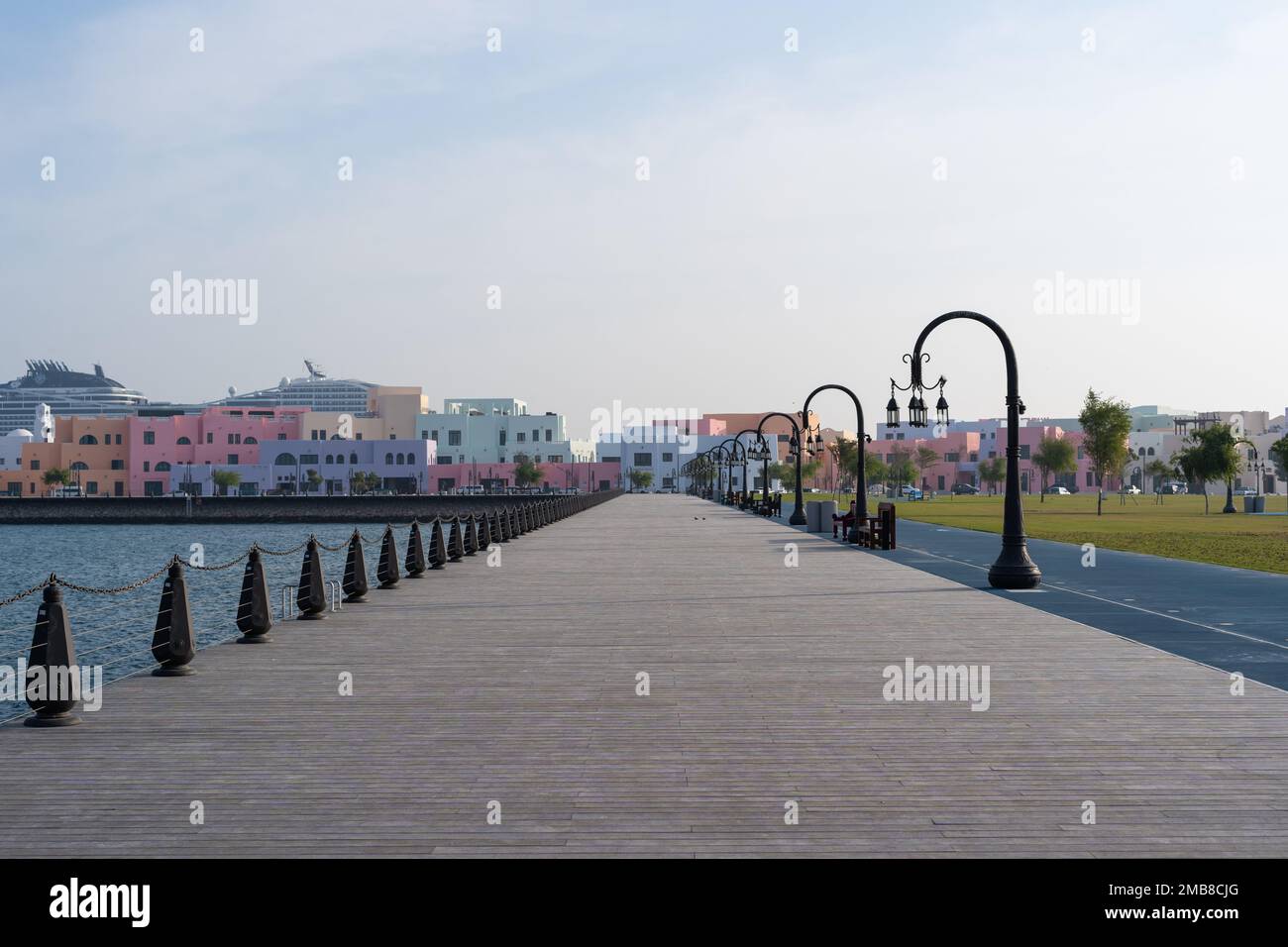 Morning view of Mina District Corniche in old Doha port, Qatar Stock ...