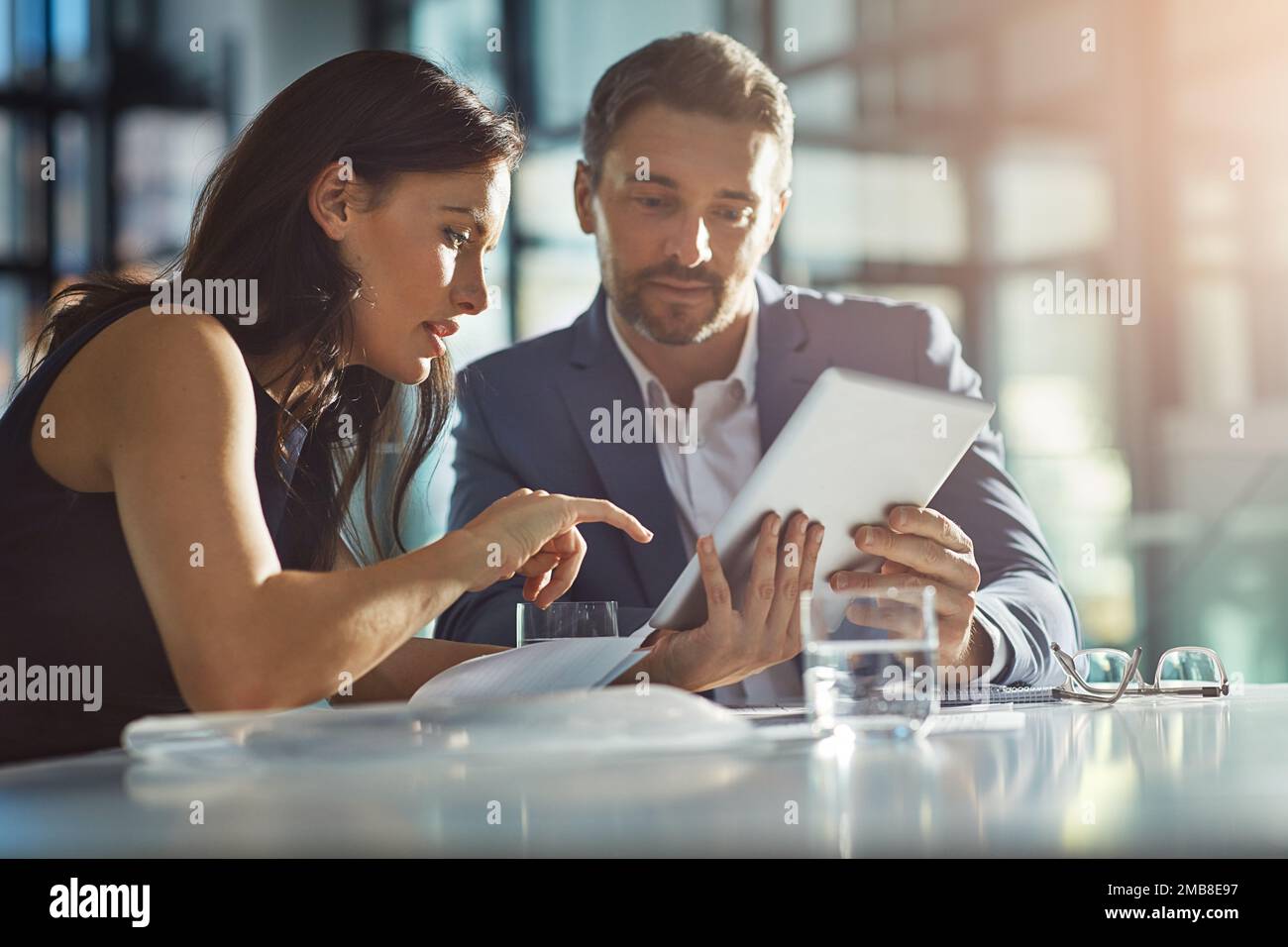 Business meeting, tablet and late discussion for tech stratergy ...