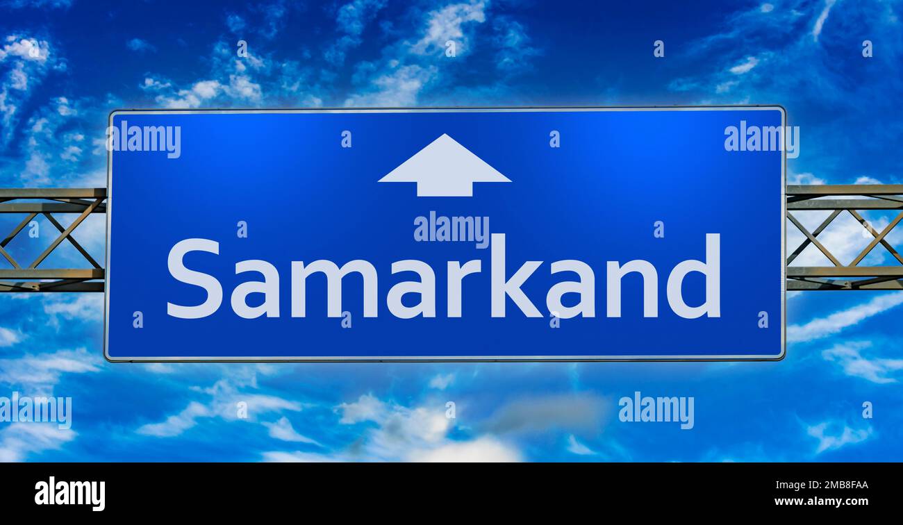 Road sign indicating direction to the city of Samarkand Stock Photo - Alamy