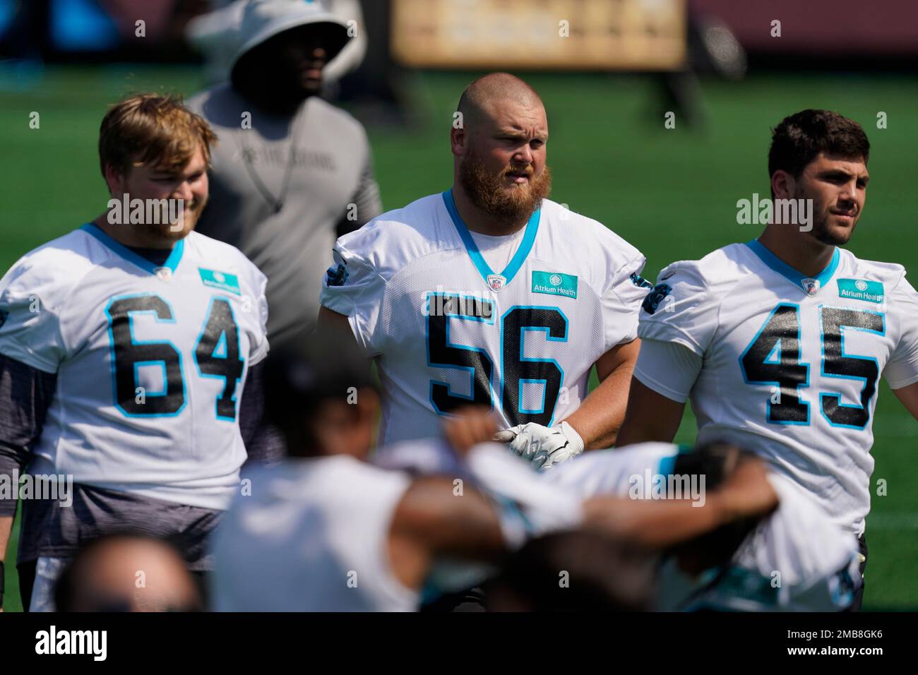 Carolina Panthers' Bradley Bozeman warms up during an NFL football ... Carolina Panthers' Bradley Bozeman warms up during an NFL football ...