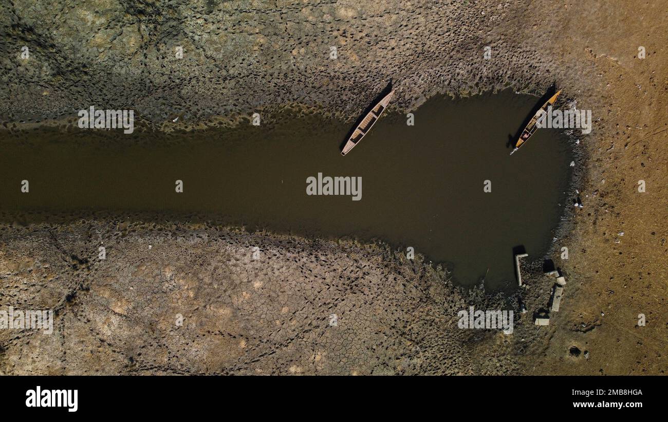 This aerial photo shows boats during low water levels at the Chibaish ...