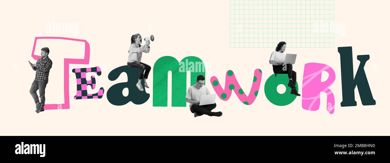 Contemporary art collage. Motivated and concentrated employees sitting ...