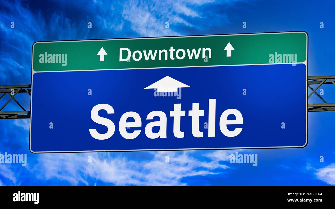 Road sign indicating direction to the city of Seattle Stock Photo - Alamy