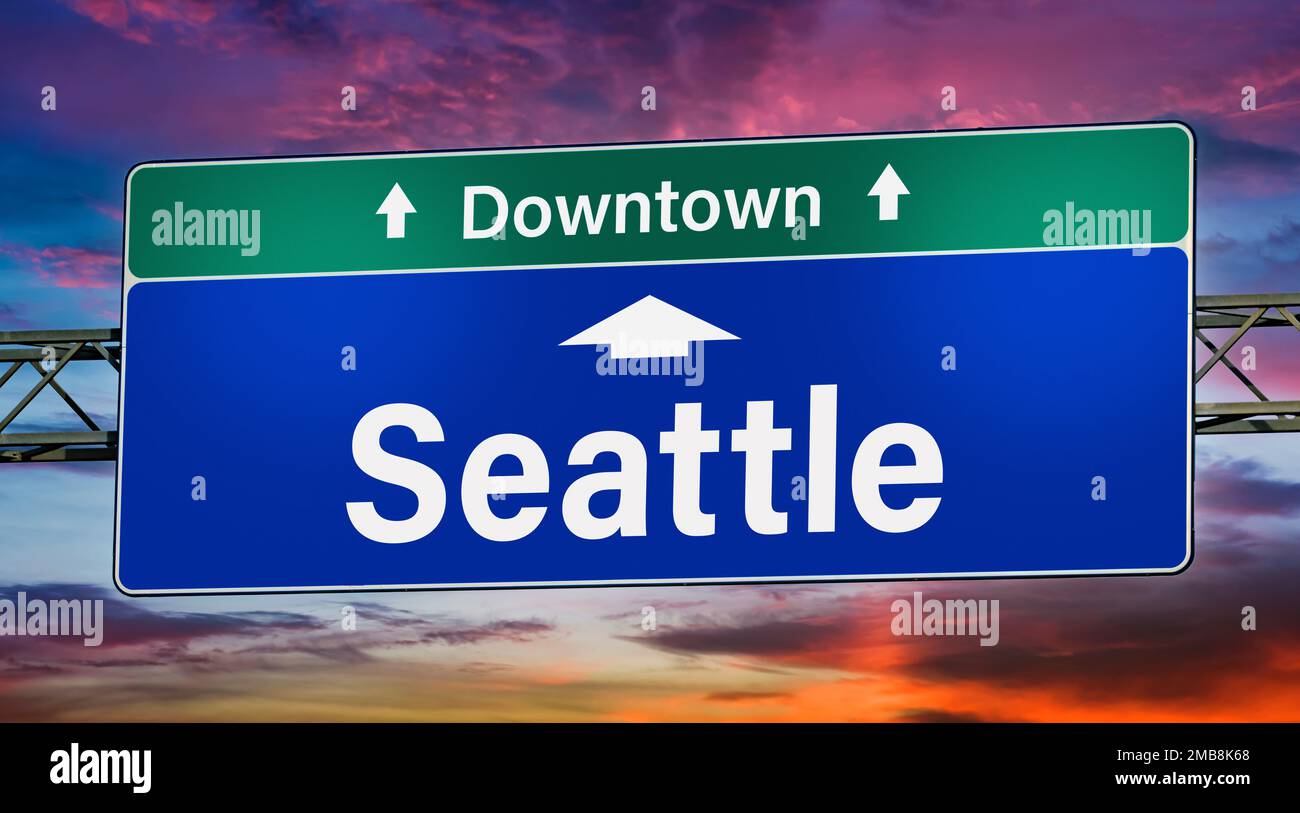 Road sign indicating direction to the city of Seattle Stock Photo - Alamy