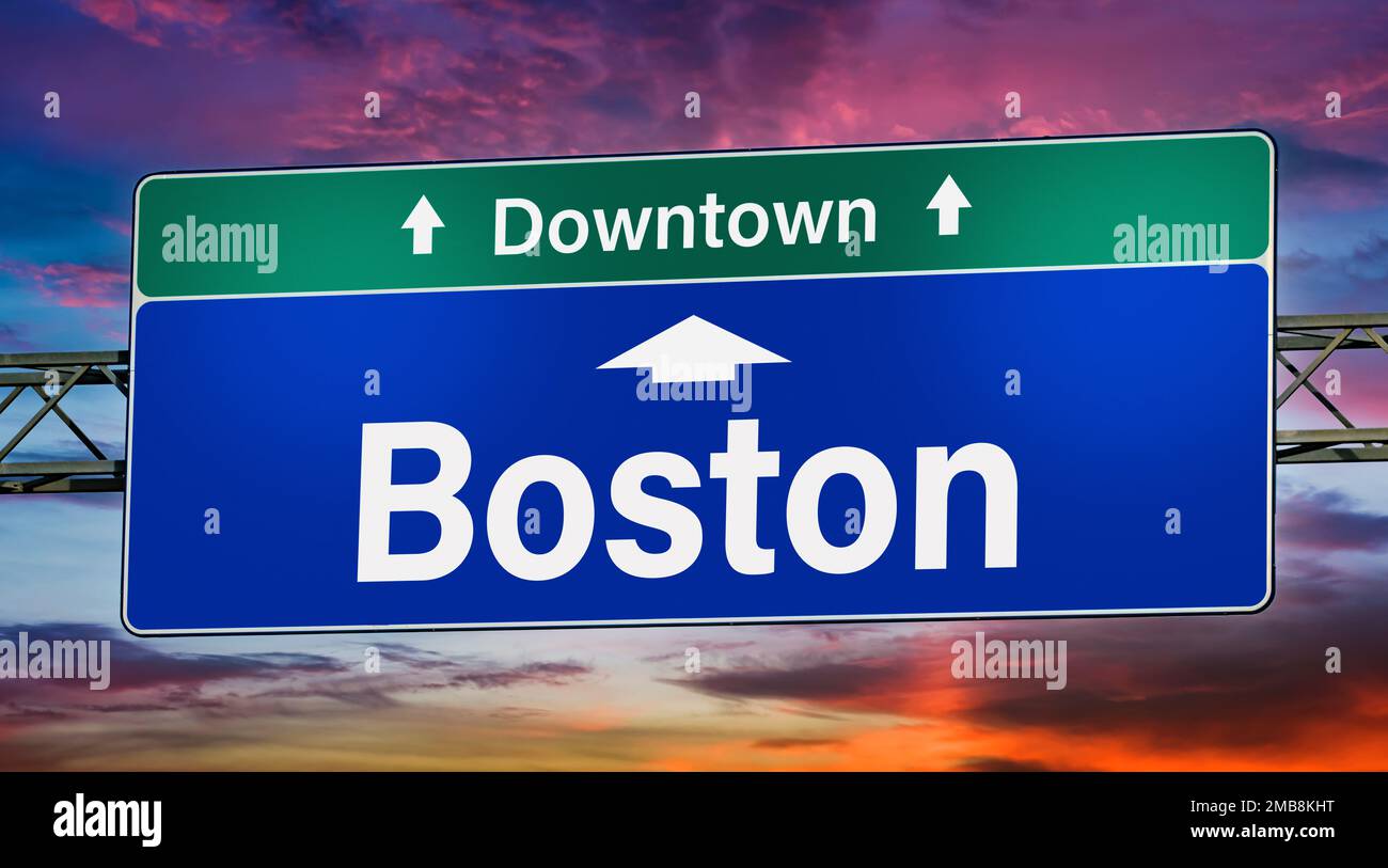 Road sign indicating direction to the city of Boston Stock Photo - Alamy