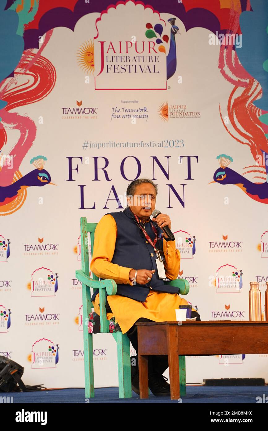 Congress MP Shashi Tharoor speaks during the Jaipur Literature Festival ...