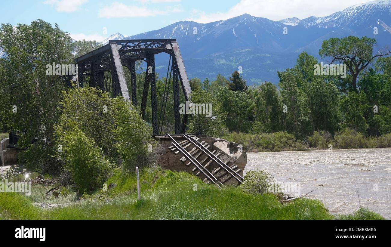 A collapsed train bridge is shown along the Yellowstone River Wednesday ...
