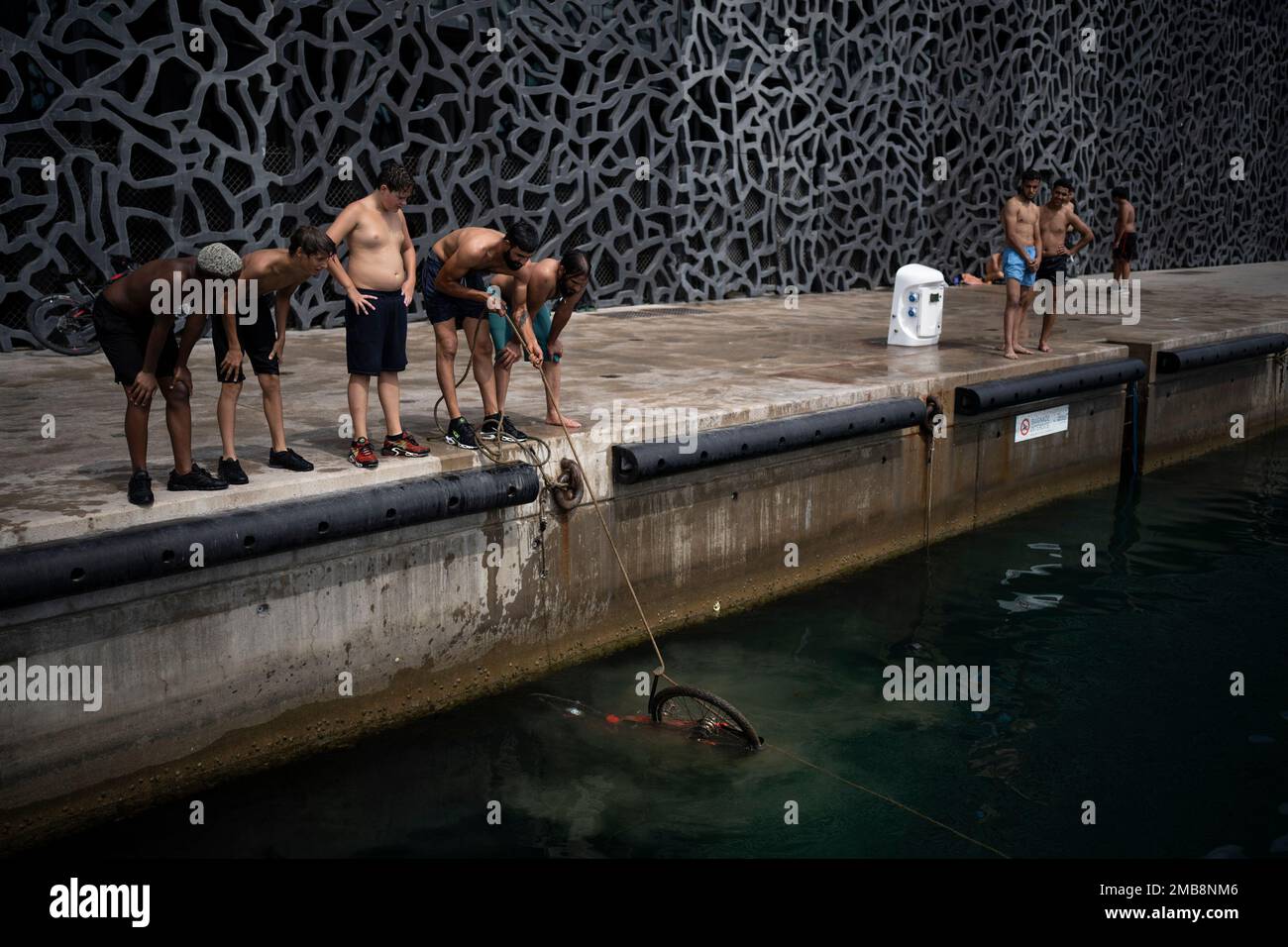 Bathers pull a bicycle out of the port during a heat wave in Marseille ...