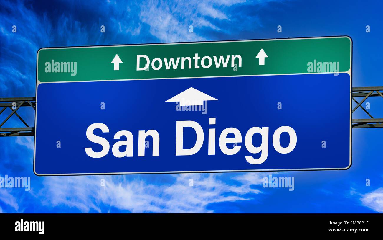 Road sign indicating direction to the city of San Diego Stock Photo - Alamy