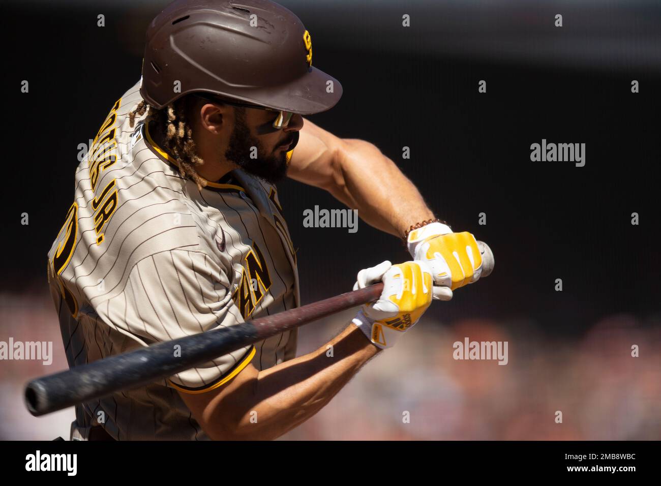 FILE - San Diego Padres' Fernando Tatis Jr. connects for a double against the San Francisco ...