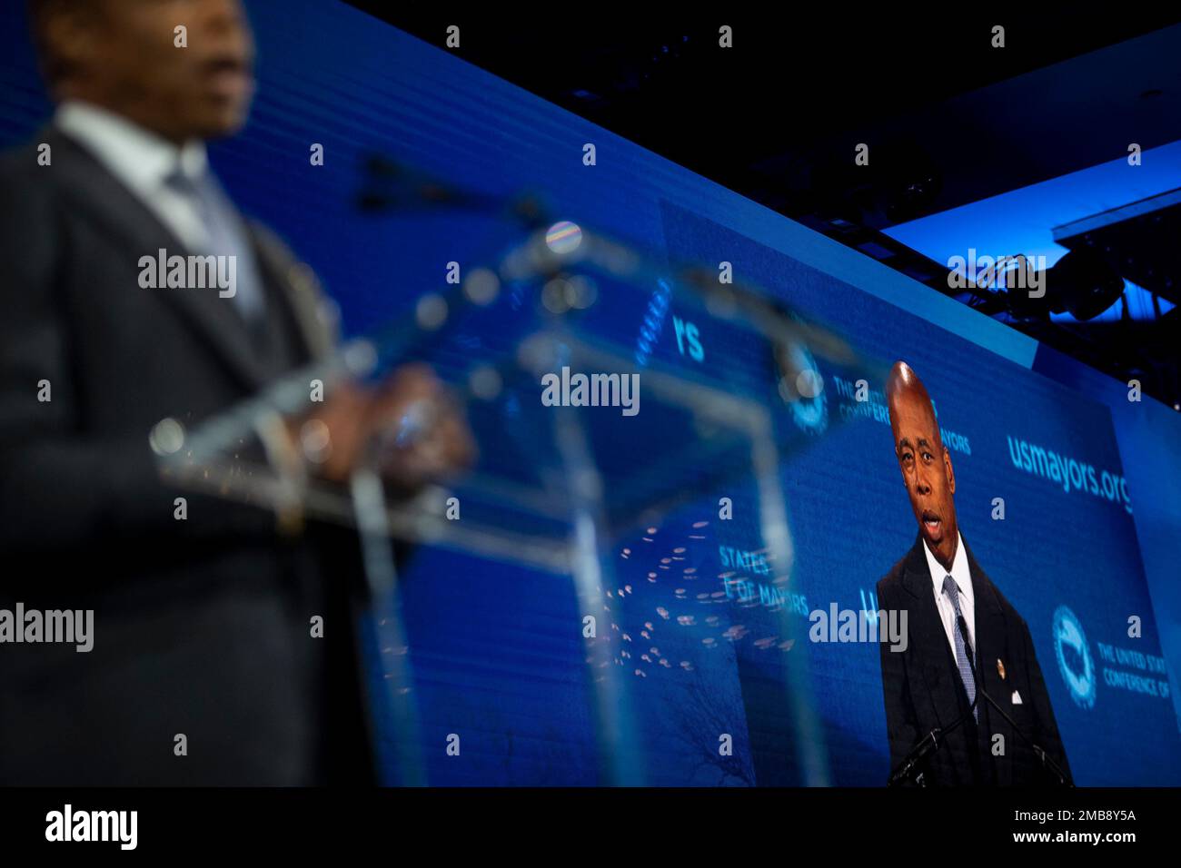 Mayor Eric Adams (Democrat of New York, New York) delivers a speech ...