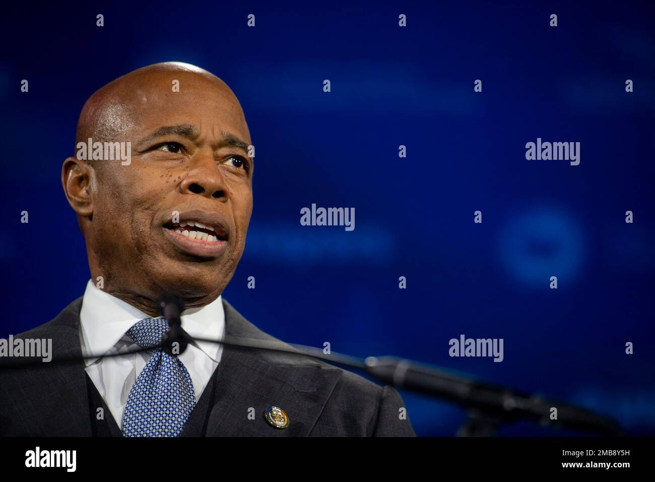 Mayor Eric Adams (Democrat of New York, New York) delivers a speech ...