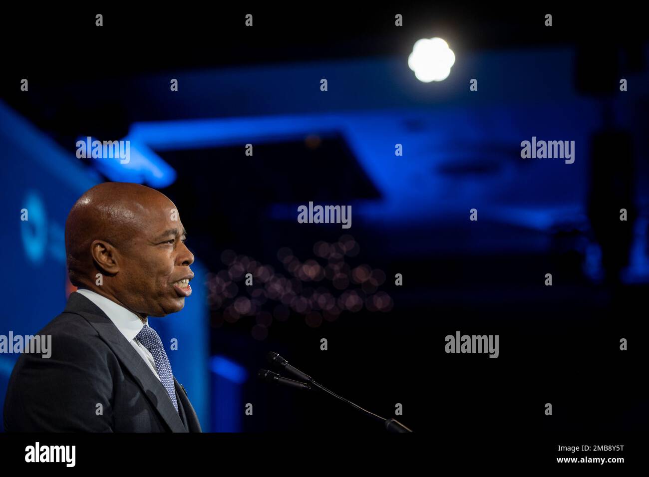 Mayor Eric Adams (Democrat of New York, New York) delivers a speech ...