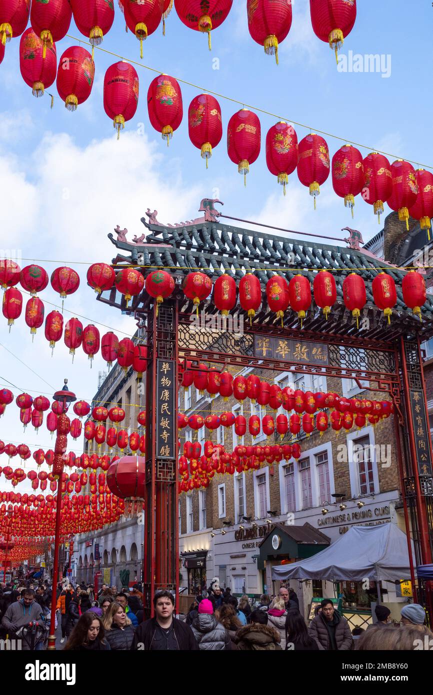 London, UK. 20 January 2023. Traditional red lanterns are seen overhead ...