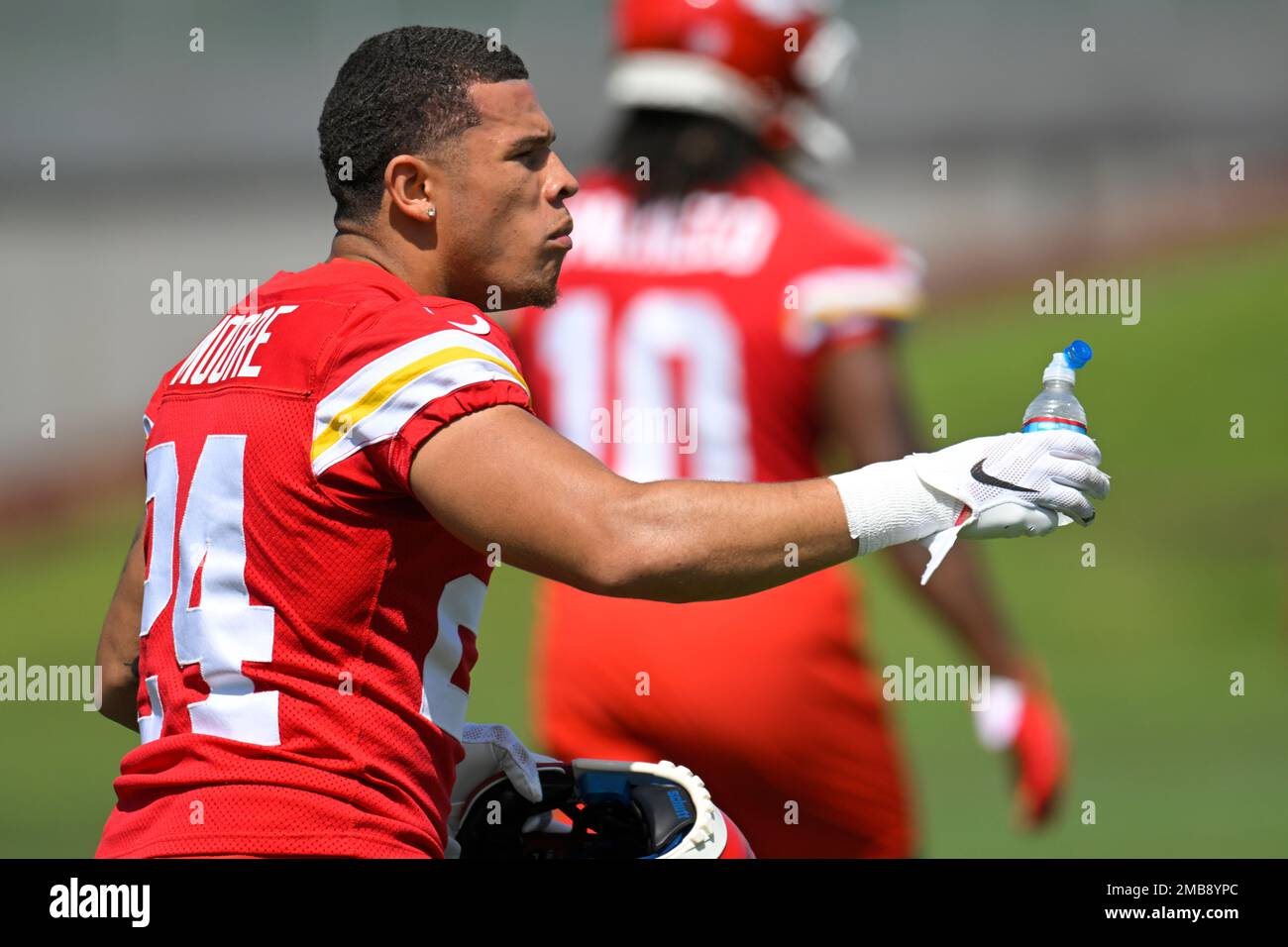 Kansas City Chiefs wide receiver Skyy Moore drinks during the NFL ...