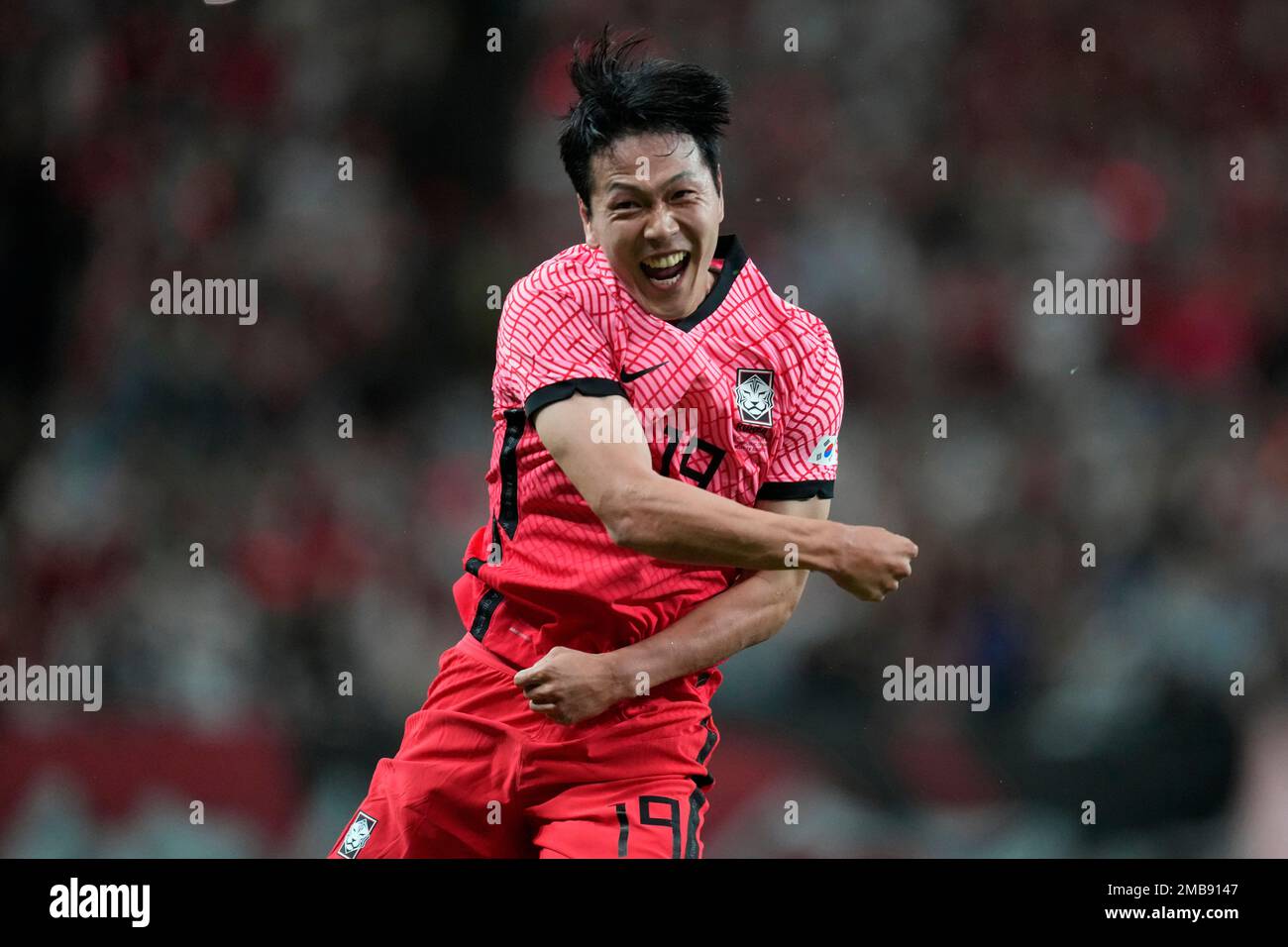 South Korea's Kim Young-gwon celebrates after scoring, during the ...