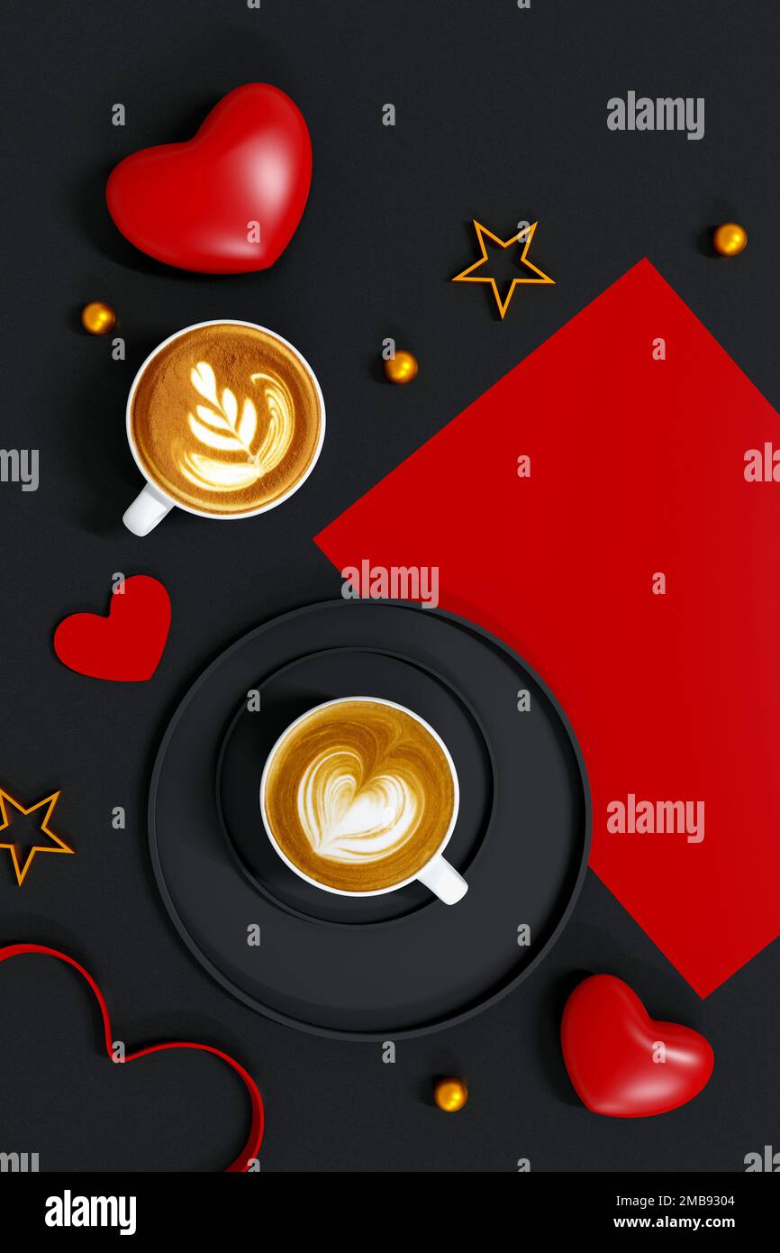 Coffee lover. Top view of hot Coffee cup with a barista art heart shape ...