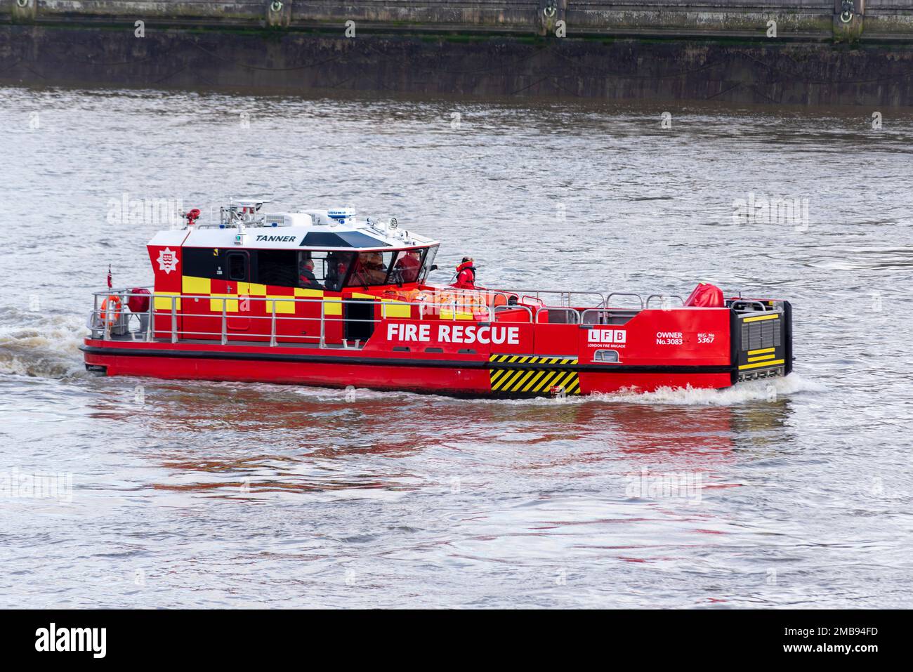 London Fire Brigade Fire Rescue vessel named Tanner on the River Thames ...