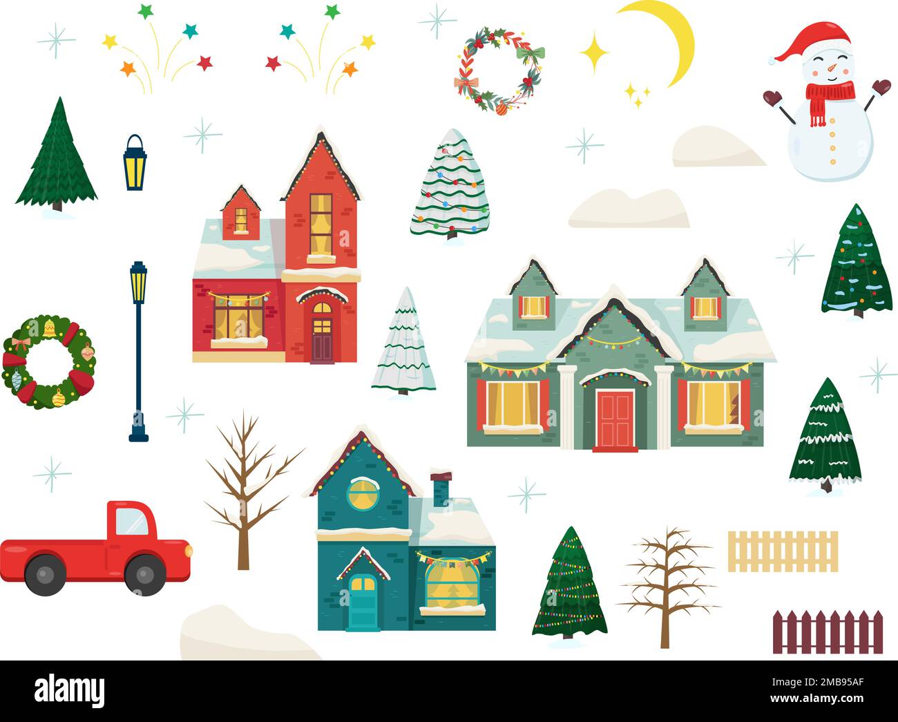 New Year and Christmas home set. Stylized winter cute cozy houses with snowman, trees, mountains ...