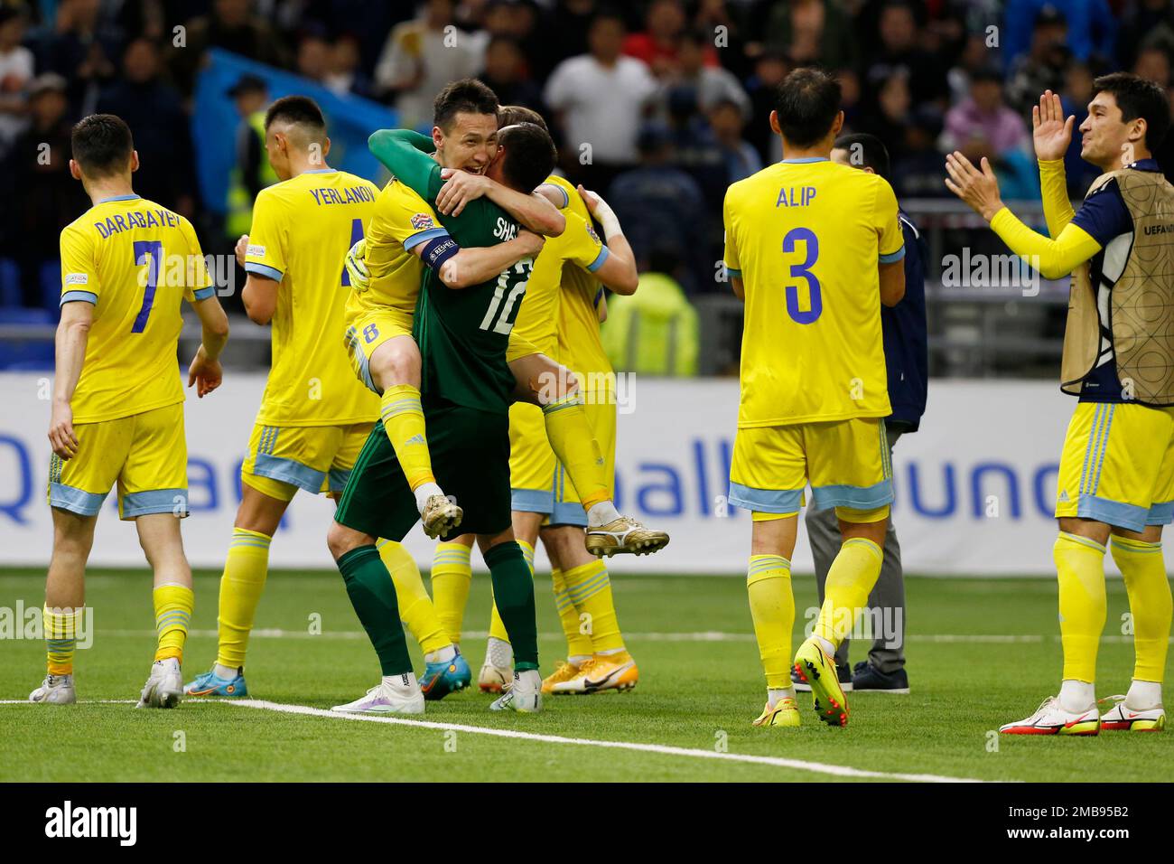 Kazakhstan players celebrate their 2-1 victory in the UEFA Nations ...