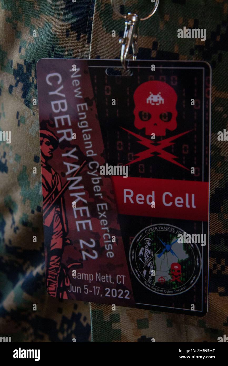 Red cell badges identify Marines during Cyber Yankee 22 on Camp Nett ...
