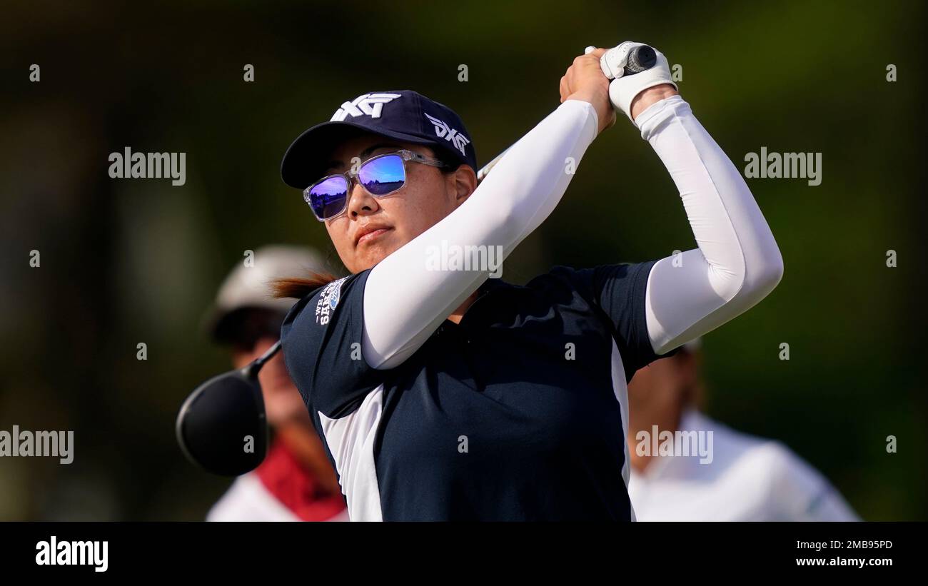 Mina Harigae hits off the 10th tee during the second round of the ...