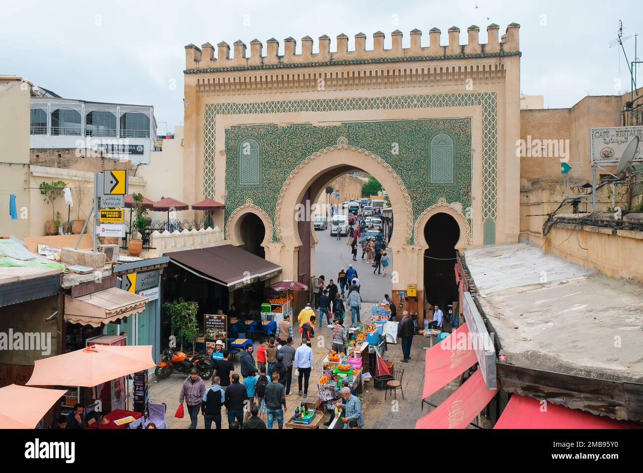 Fez, Morocco - grand city gate Bab Bou Jeloud from inside ancient Fes ...