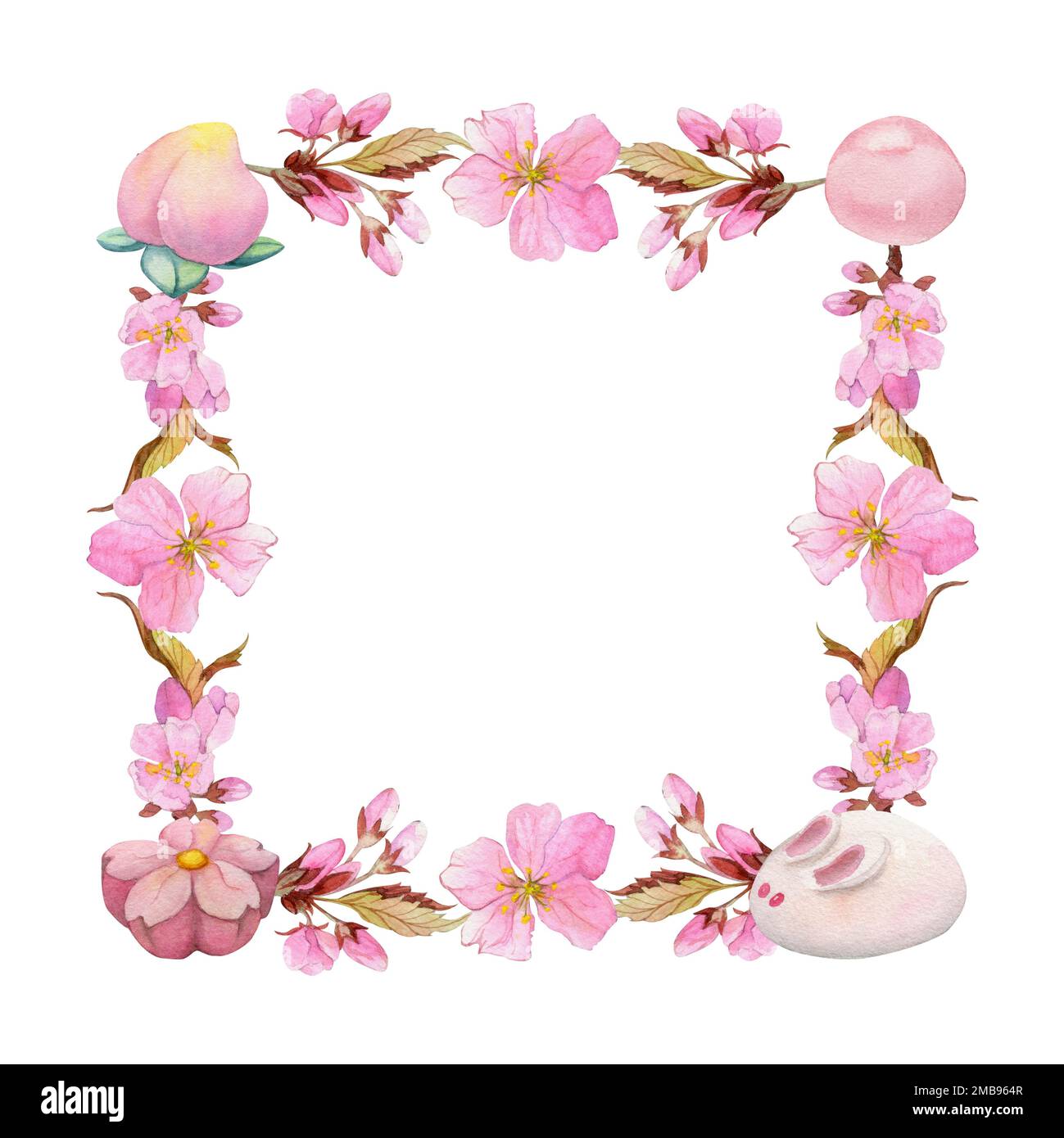 Watercolor hand drawn traditional Japanese sweets. Square frame of ...