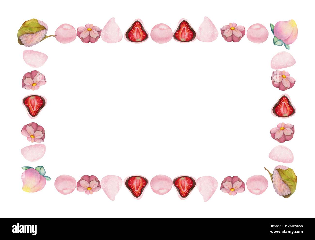 Watercolor hand drawn traditional Japanese sweets. Square frame of ...