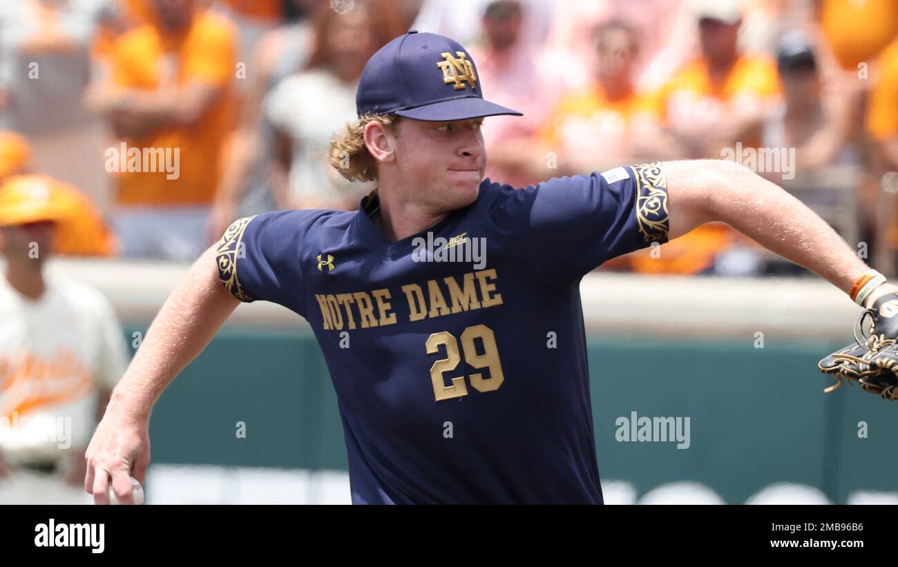 Notre Dame pitcher Liam Simon plays against Tennessee during an NCAA ...