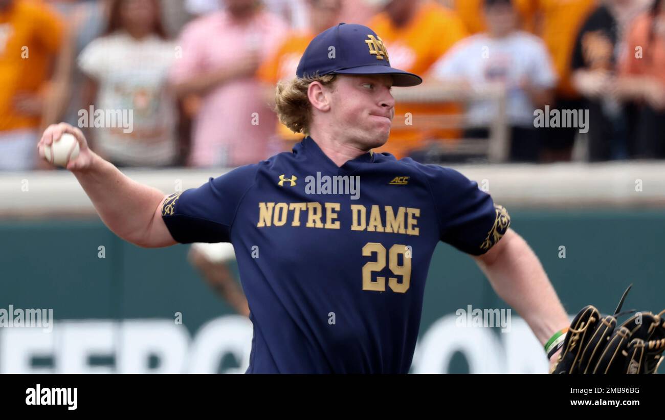 Notre Dame pitcher Liam Simon throws against Tennessee during an NCAA ...