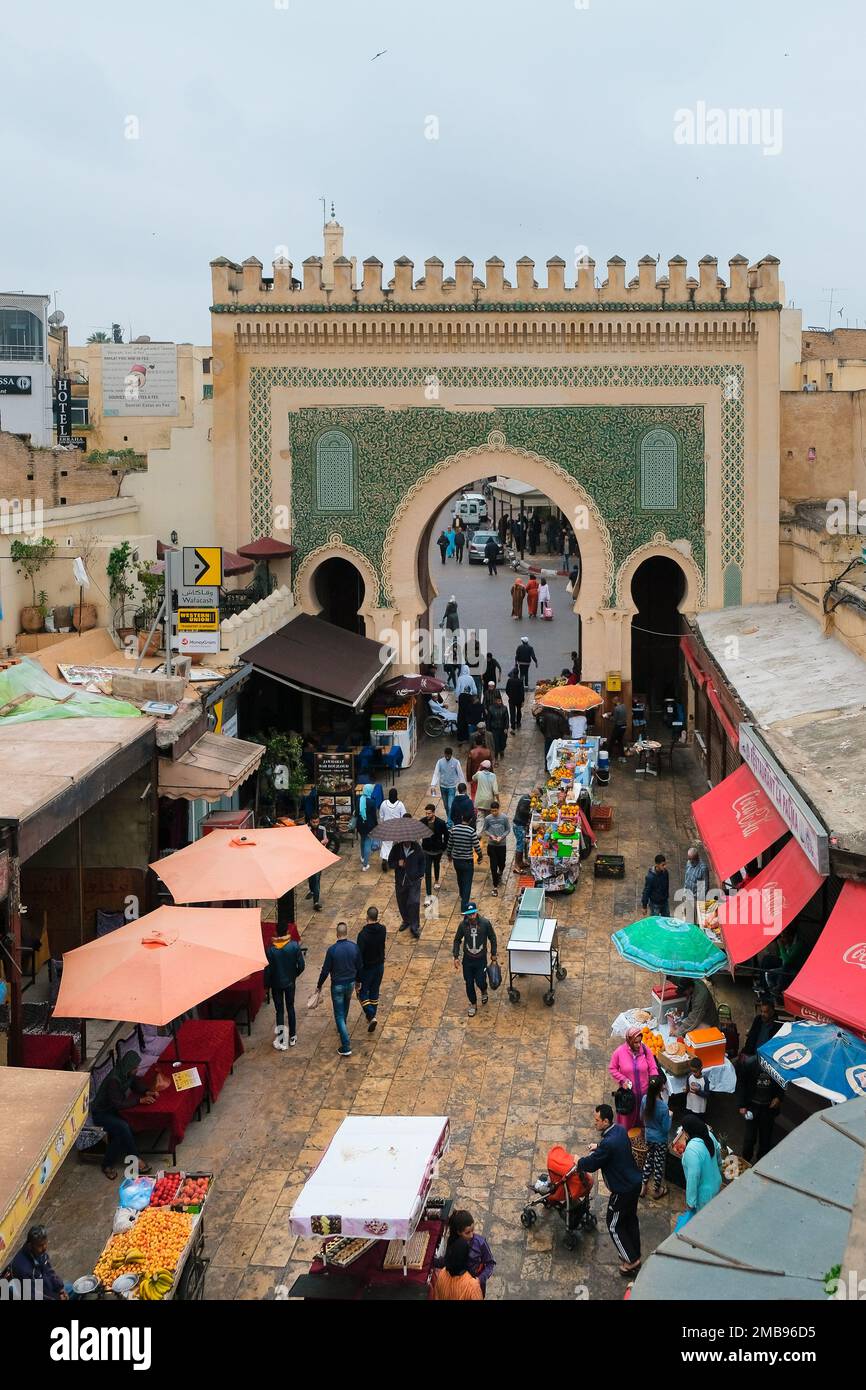 Fez, Morocco - grand city gate Bab Bou Jeloud from inside ancient Fes ...