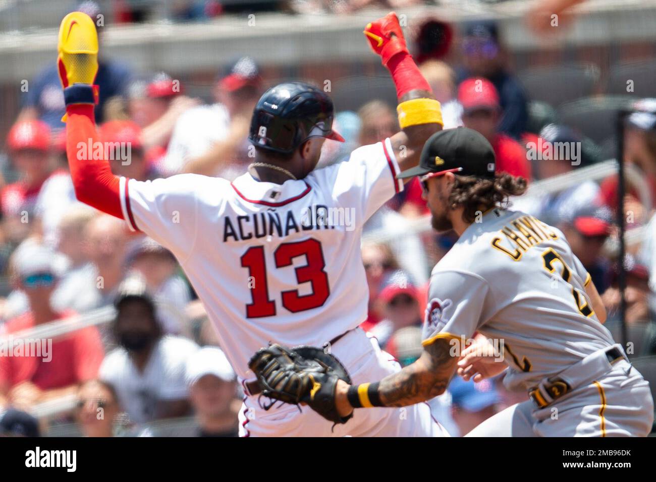 Pittsburgh Pirates first baseman Michael Chavis (2) tags Atlanta Braves ...