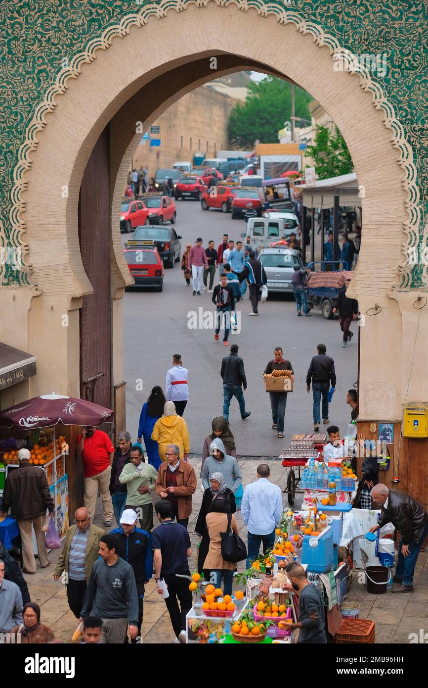 Fez, Morocco - view through grand city gate Bab Bou Jeloud from inside ...