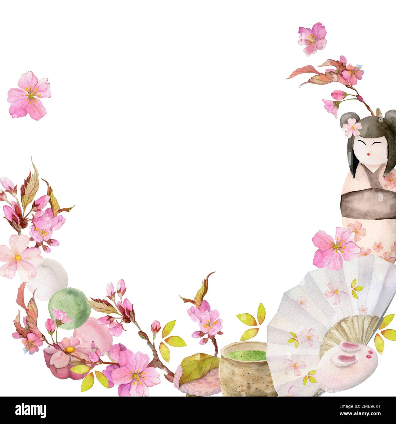 Watercolor hand drawn traditional Japanese sweets. Wreath of spring ...